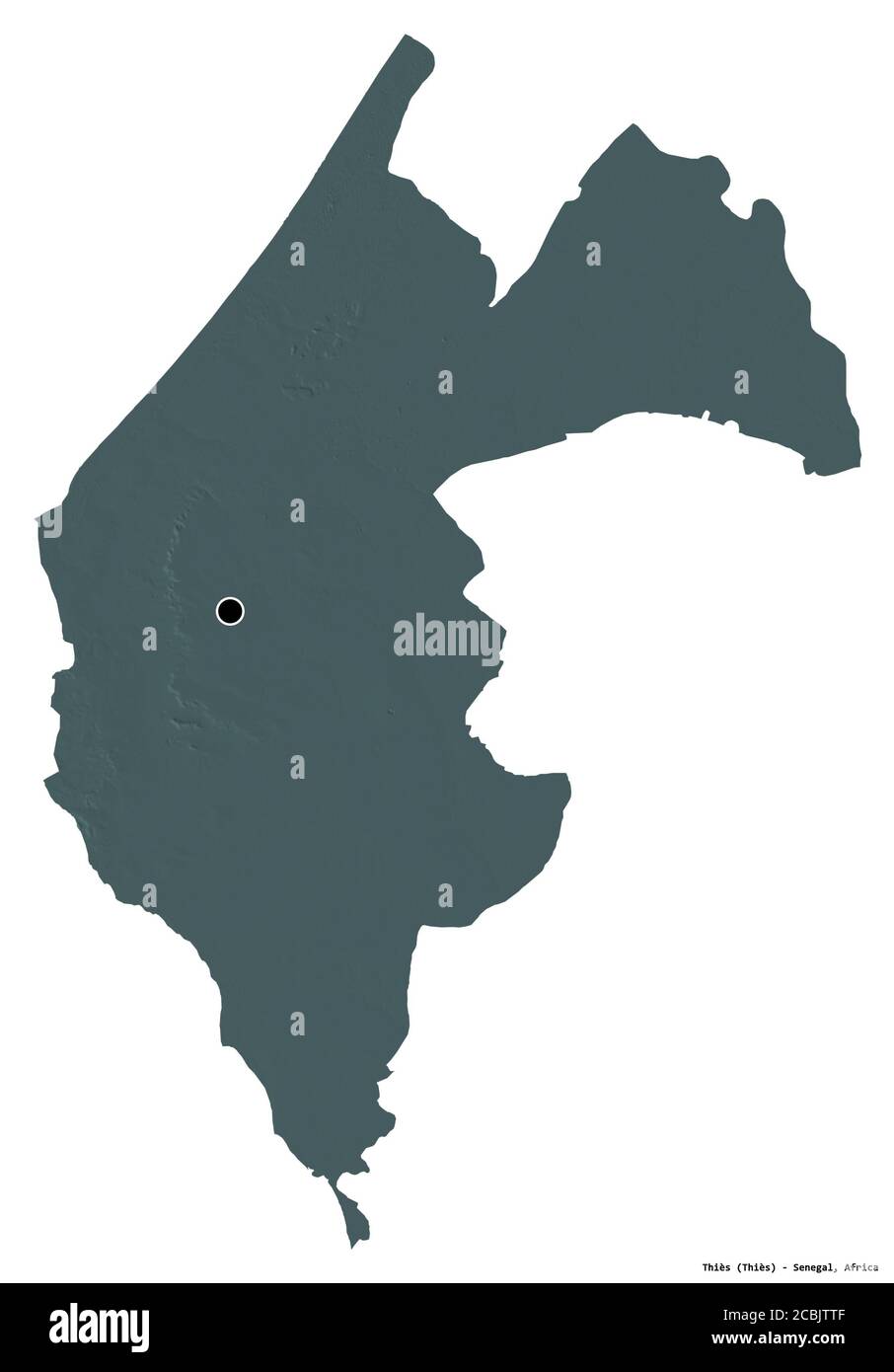 Shape of Thiès, region of Senegal, with its capital isolated on white ...
