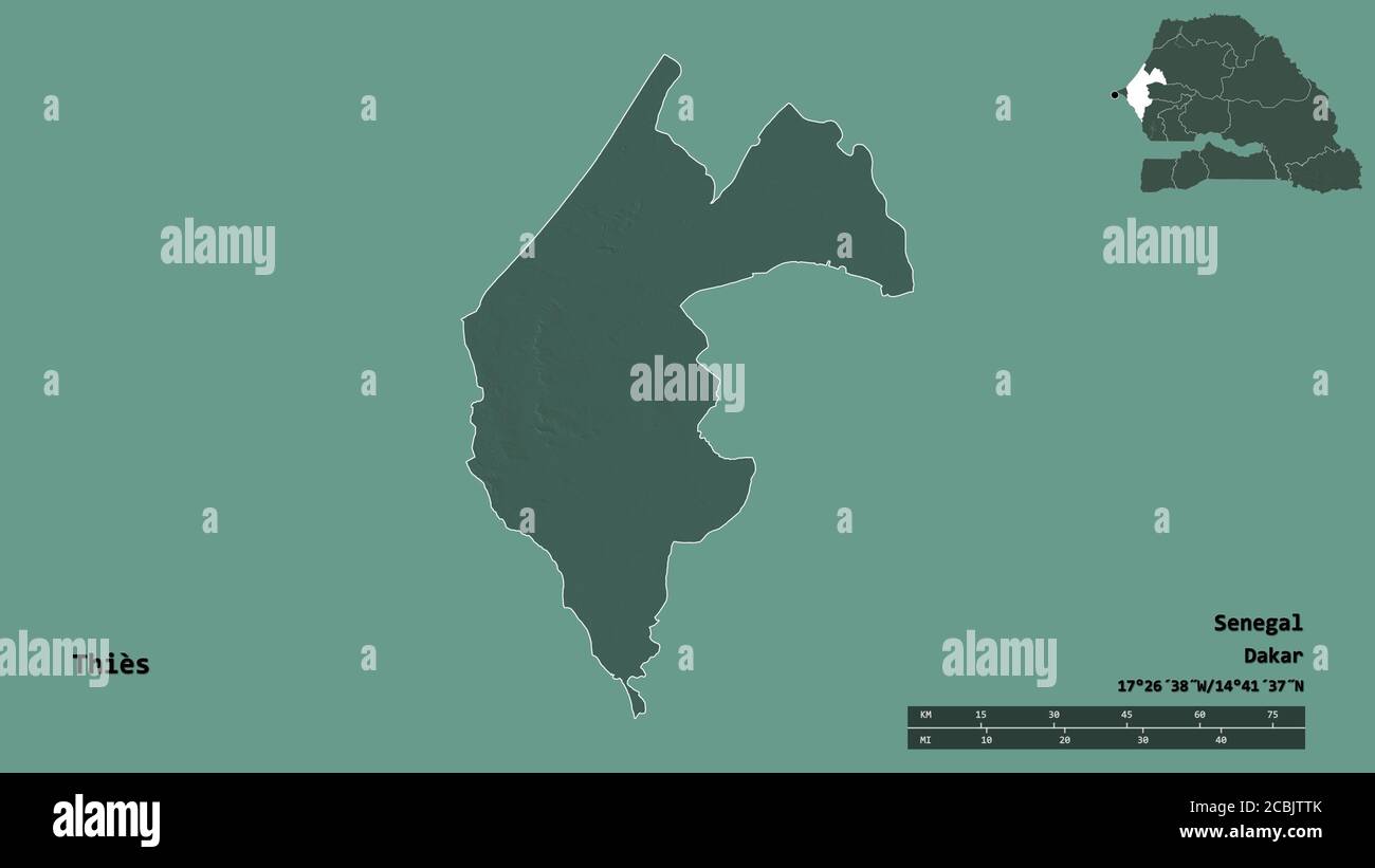 Shape of Thiès, region of Senegal, with its capital isolated on solid ...