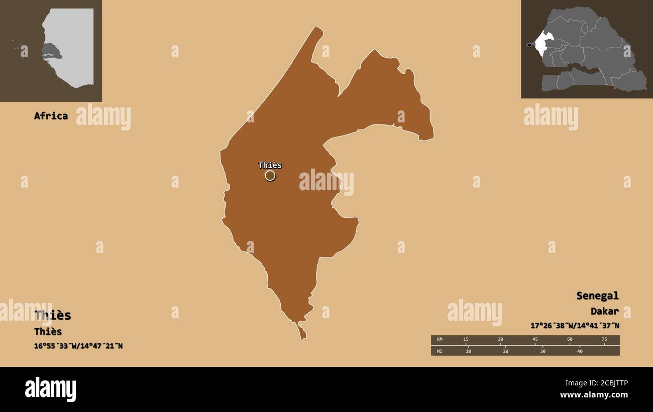 Shape of Thiès, region of Senegal, and its capital. Distance scale ...