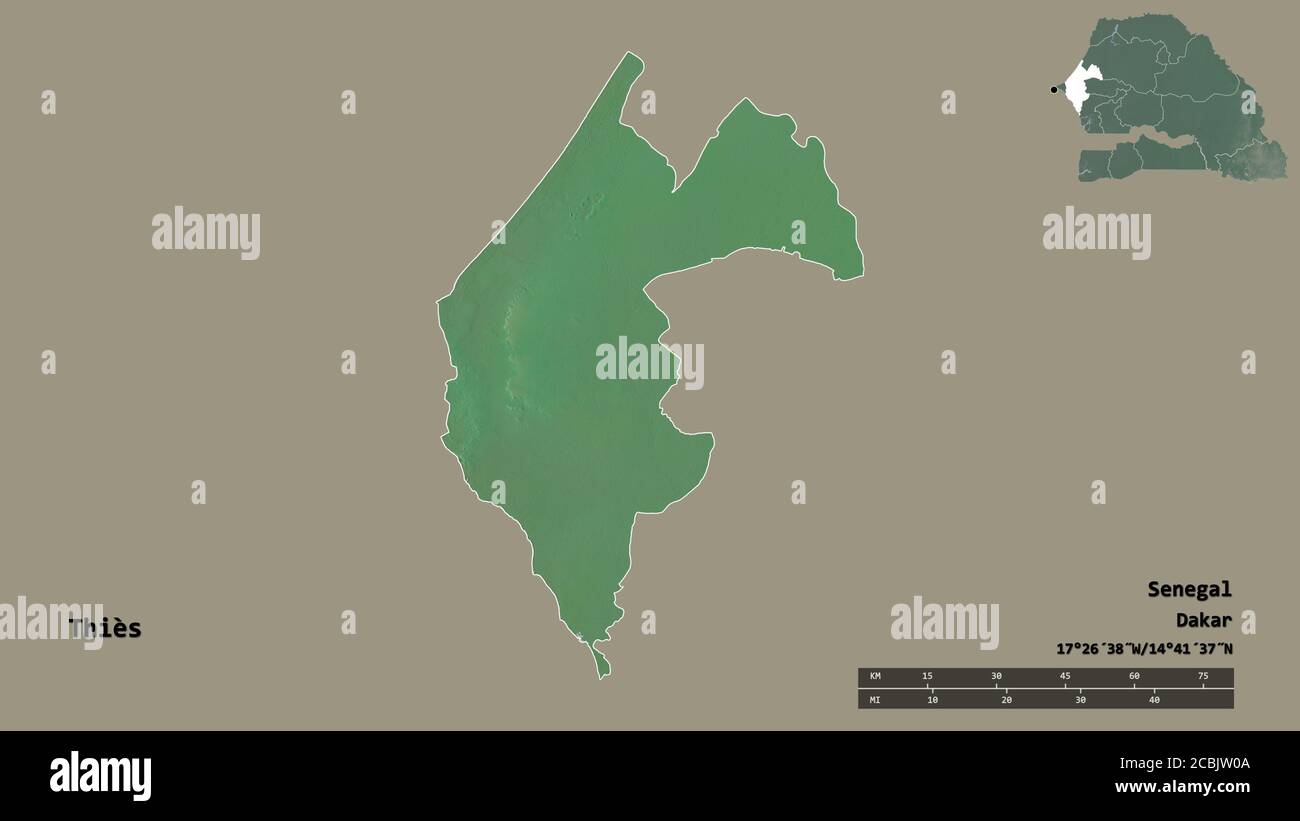 Shape of Thiès, region of Senegal, with its capital isolated on solid ...