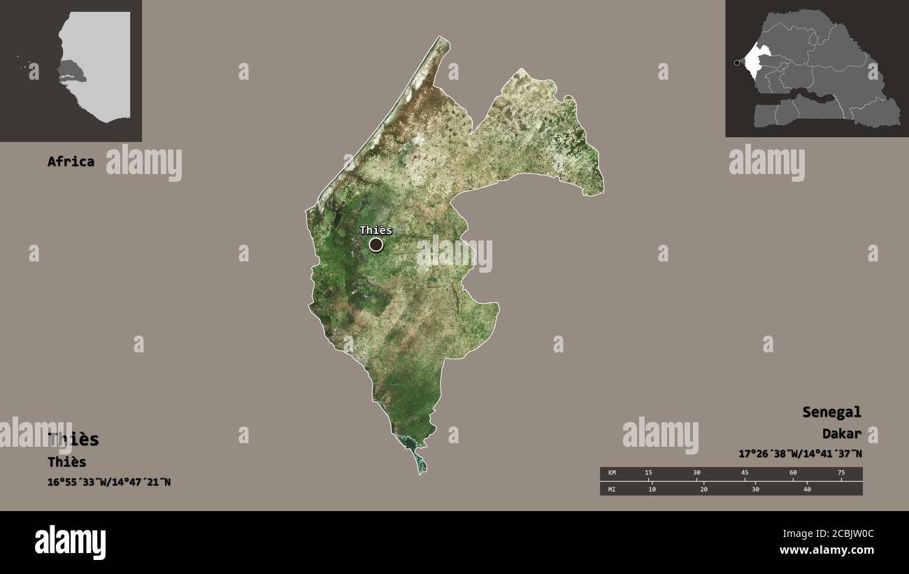 Shape of Thiès, region of Senegal, and its capital. Distance scale ...