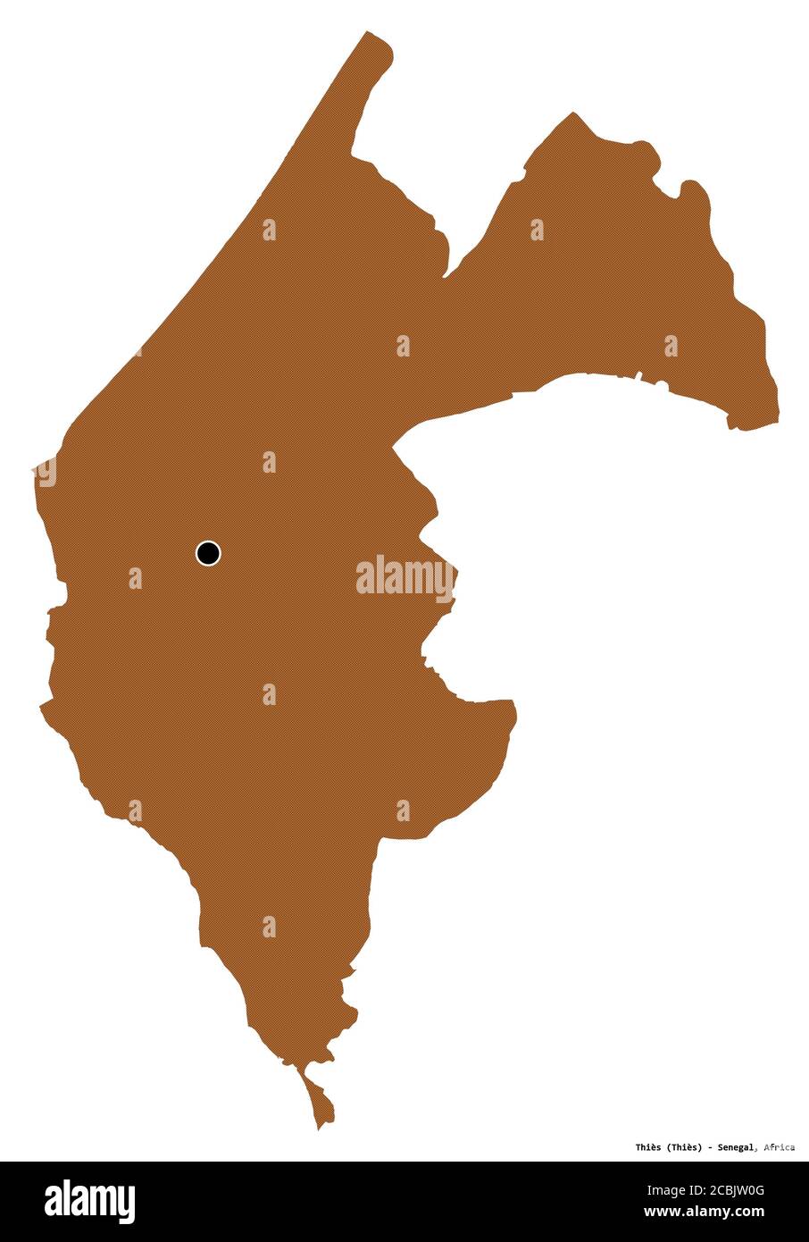 Shape of Thiès, region of Senegal, with its capital isolated on white ...