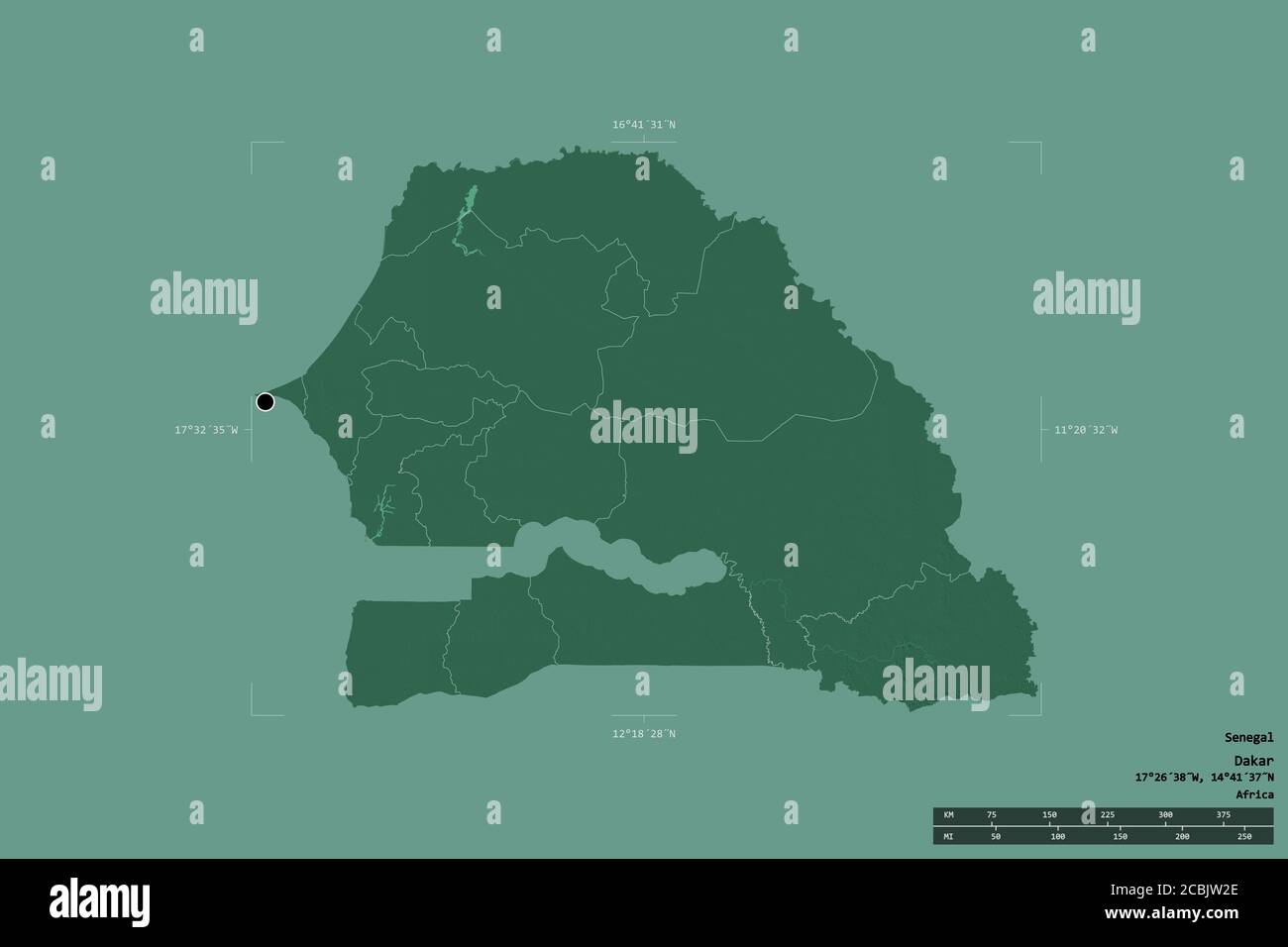 Area of Senegal isolated on a solid background in a georeferenced ...