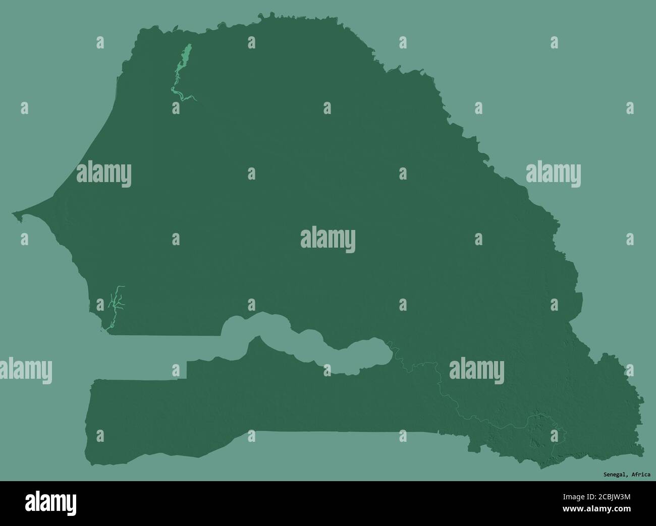Shape of Senegal with its capital isolated on a solid color background ...