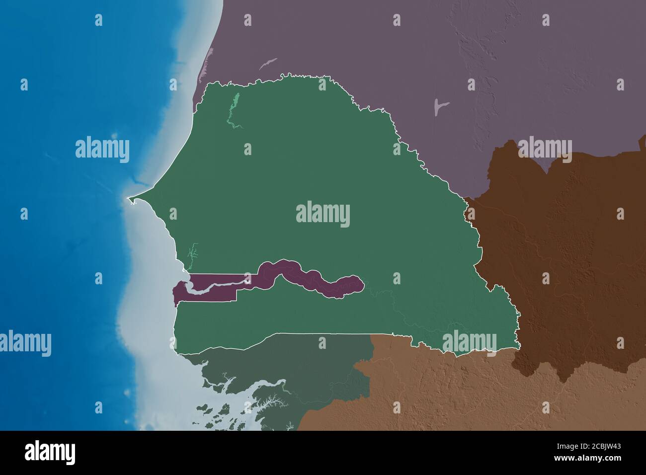 Extended area of outlined Senegal. Colored elevation map. 3D rendering ...