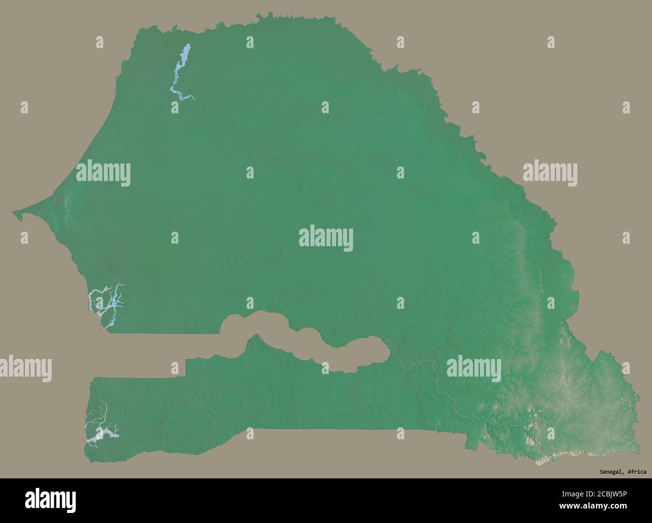 Shape of Senegal with its capital isolated on a solid color background ...