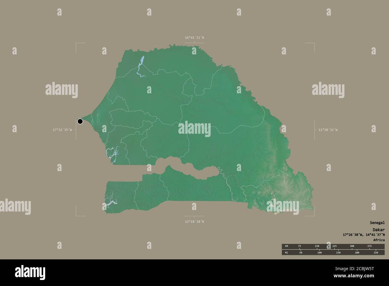 Area of Senegal isolated on a solid background in a georeferenced ...