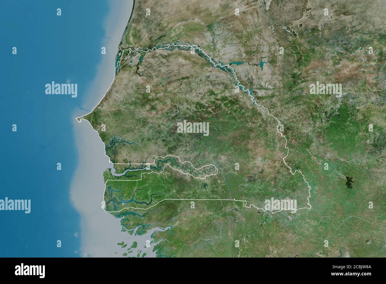 Extended area of Senegal with country outline, international and ...