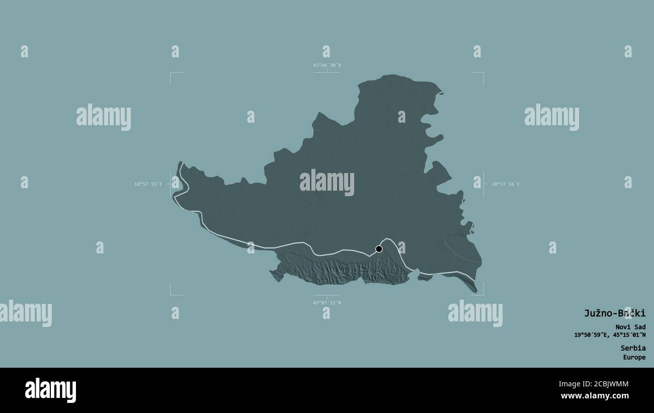 Area of Južno-Bački, district of Serbia, isolated on a solid background ...