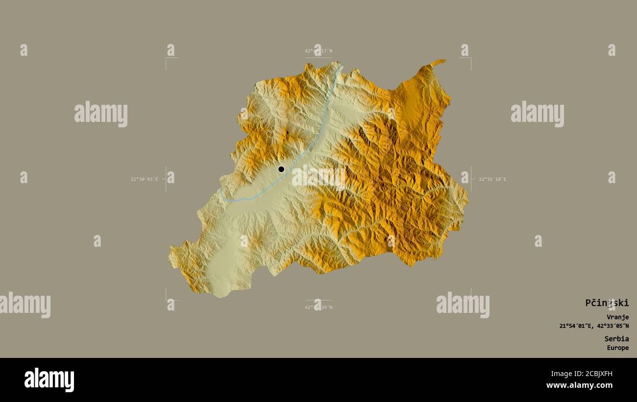 Area of Pčinjski, district of Serbia, isolated on a solid background in ...