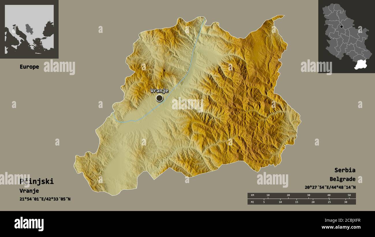 Shape of Pčinjski, district of Serbia, and its capital. Distance scale ...
