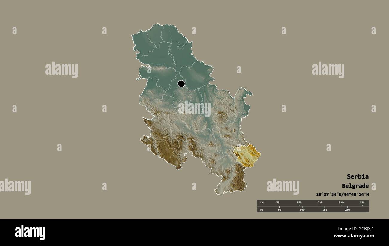 Desaturated shape of Serbia with its capital, main regional division ...