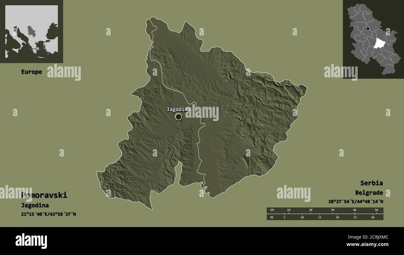 Shape of Pomoravski, district of Serbia, and its capital. Distance ...