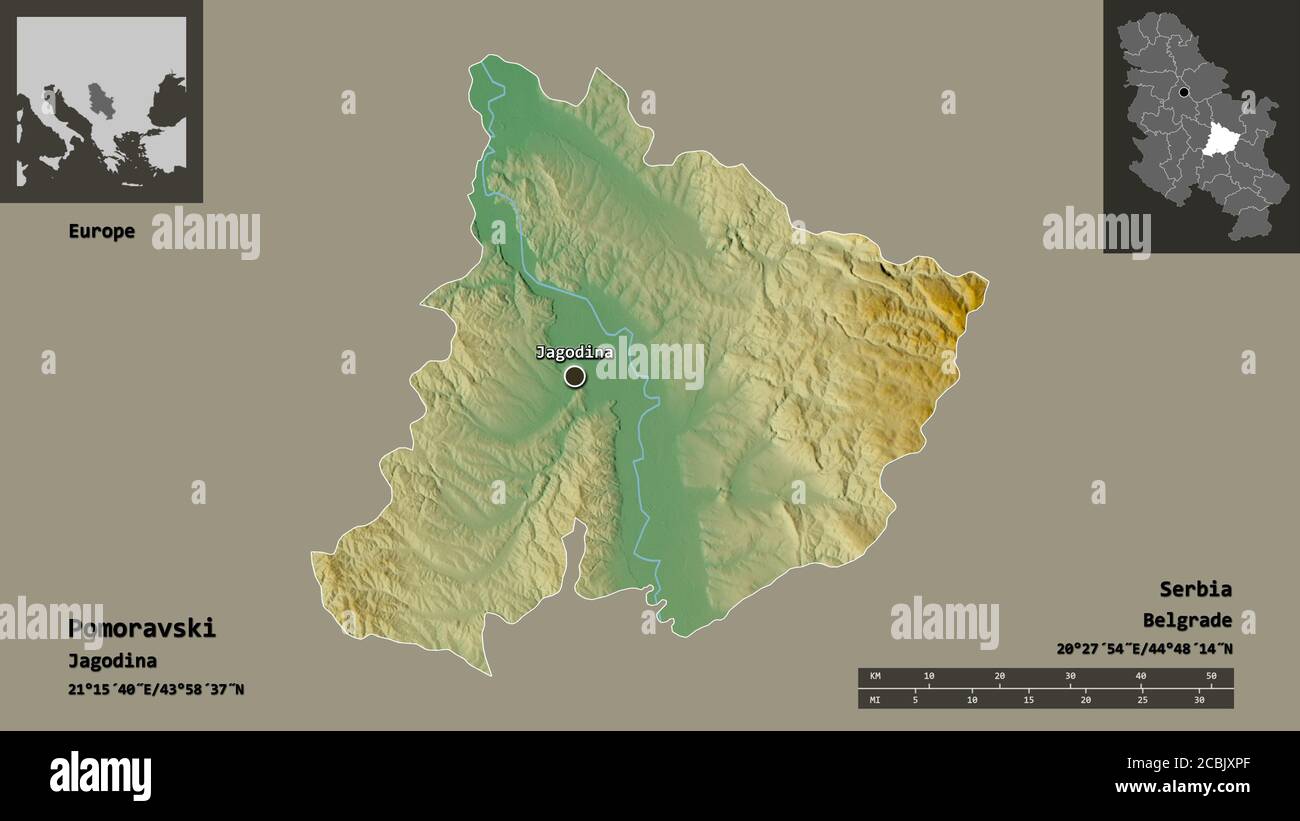 Shape of Pomoravski, district of Serbia, and its capital. Distance ...