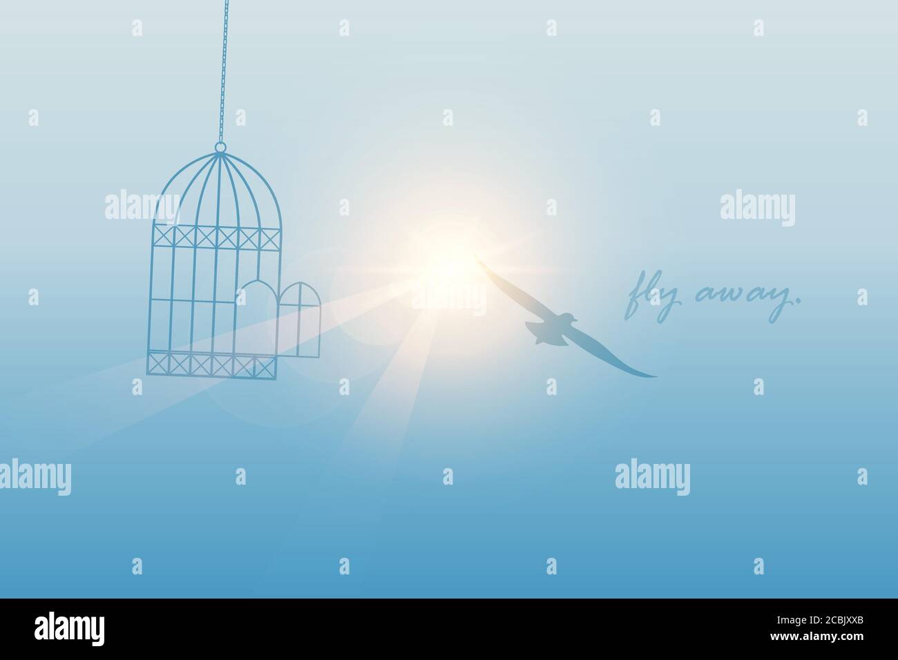 bird flies out of the cage into the sunny sky vector illustration EPS10 ...