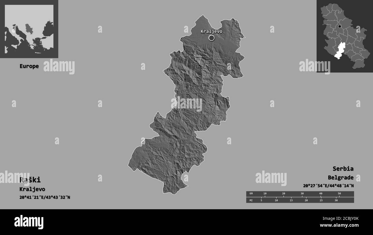 Shape of Raški, district of Serbia, and its capital. Distance scale ...