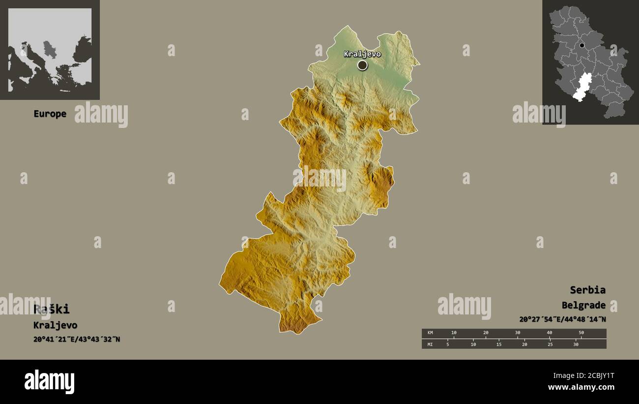 Shape of Raški, district of Serbia, and its capital. Distance scale ...