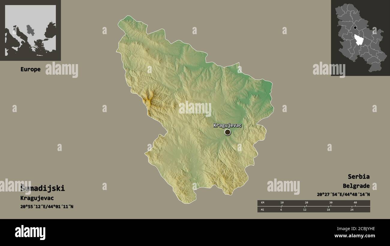 Shape of Šumadijski, district of Serbia, and its capital. Distance ...