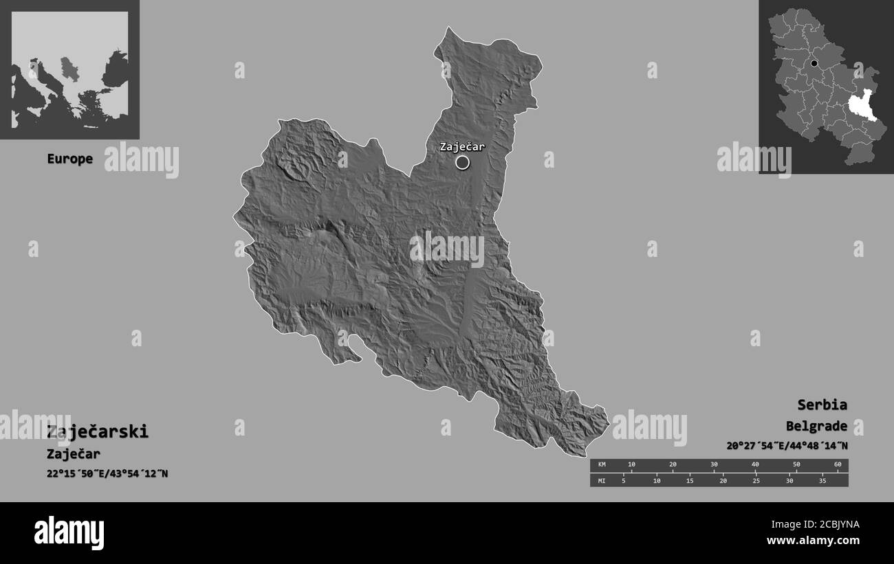 Shape of Zaječarski, district of Serbia, and its capital. Distance ...