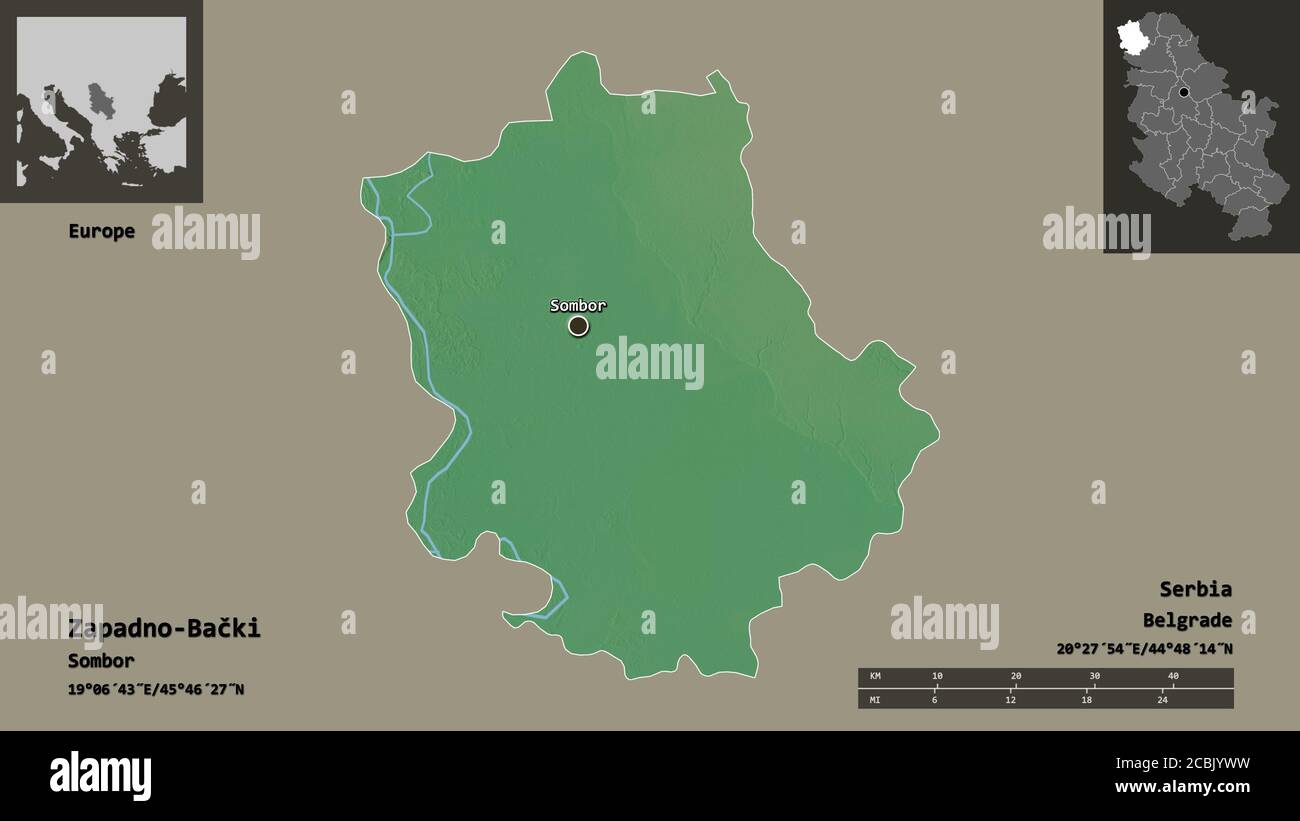 Shape of Zapadno-Bački, district of Serbia, and its capital. Distance ...