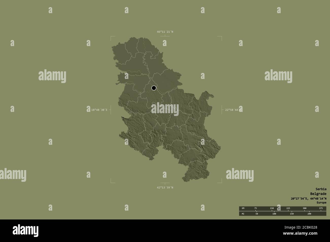 Area of Serbia isolated on a solid background in a georeferenced ...