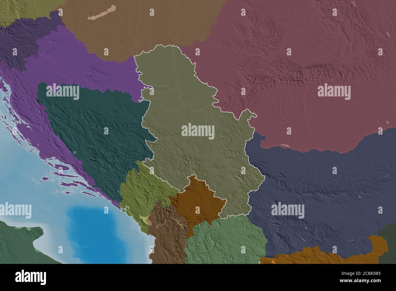 Extended area of outlined Serbia. Colored elevation map. 3D rendering ...