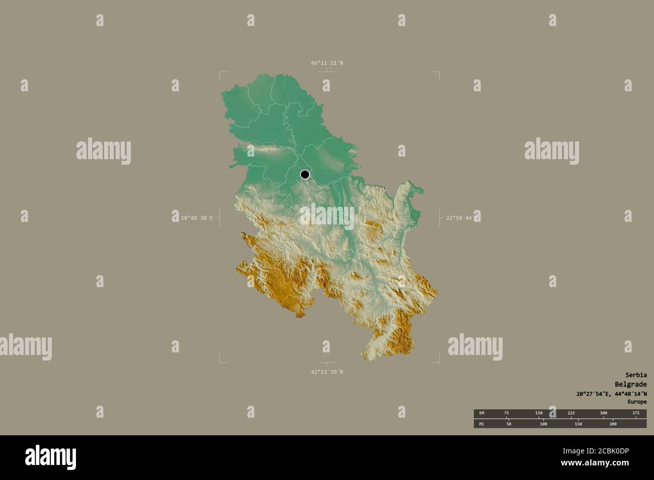 Area of Serbia isolated on a solid background in a georeferenced ...