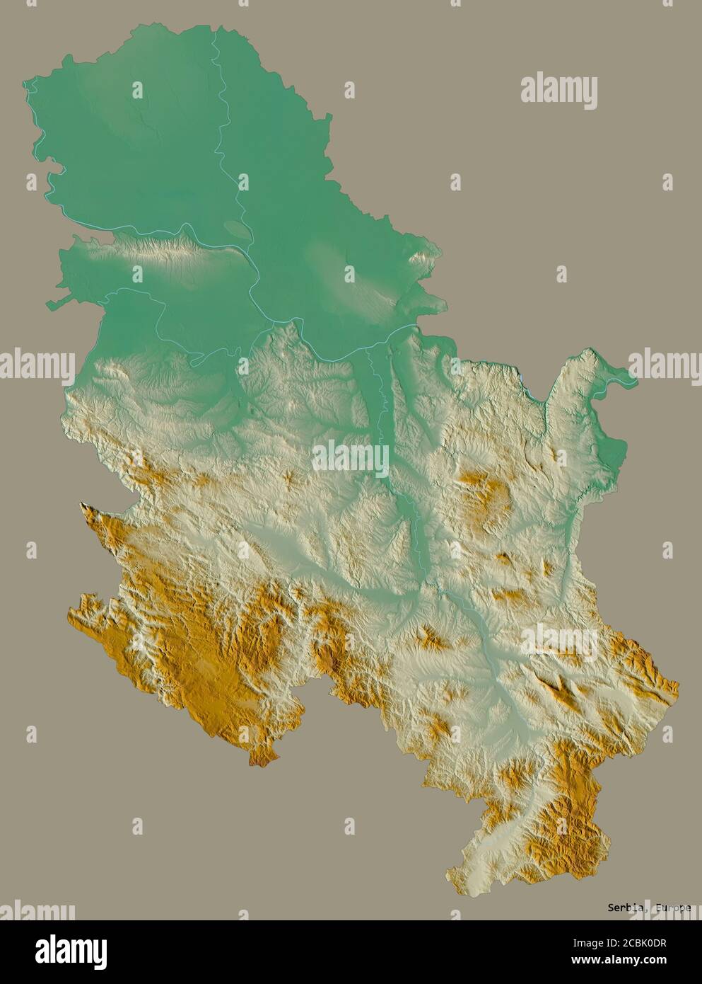 Shape of Serbia with its capital isolated on a solid color background ...