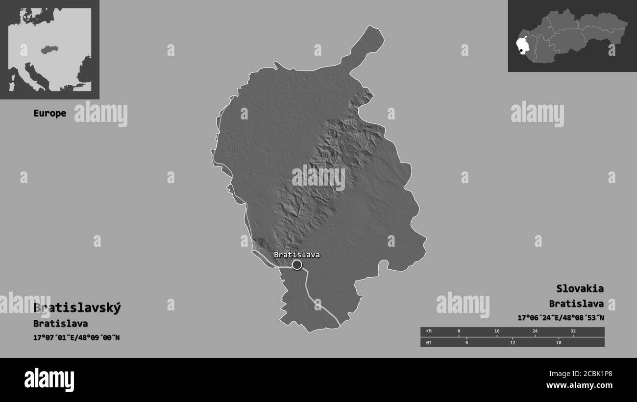 Shape of Bratislavský, region of Slovakia, and its capital. Distance ...