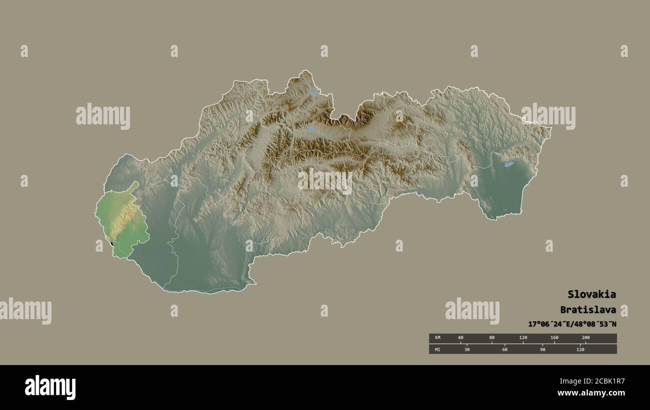 Desaturated shape of Slovakia with its capital, main regional division ...
