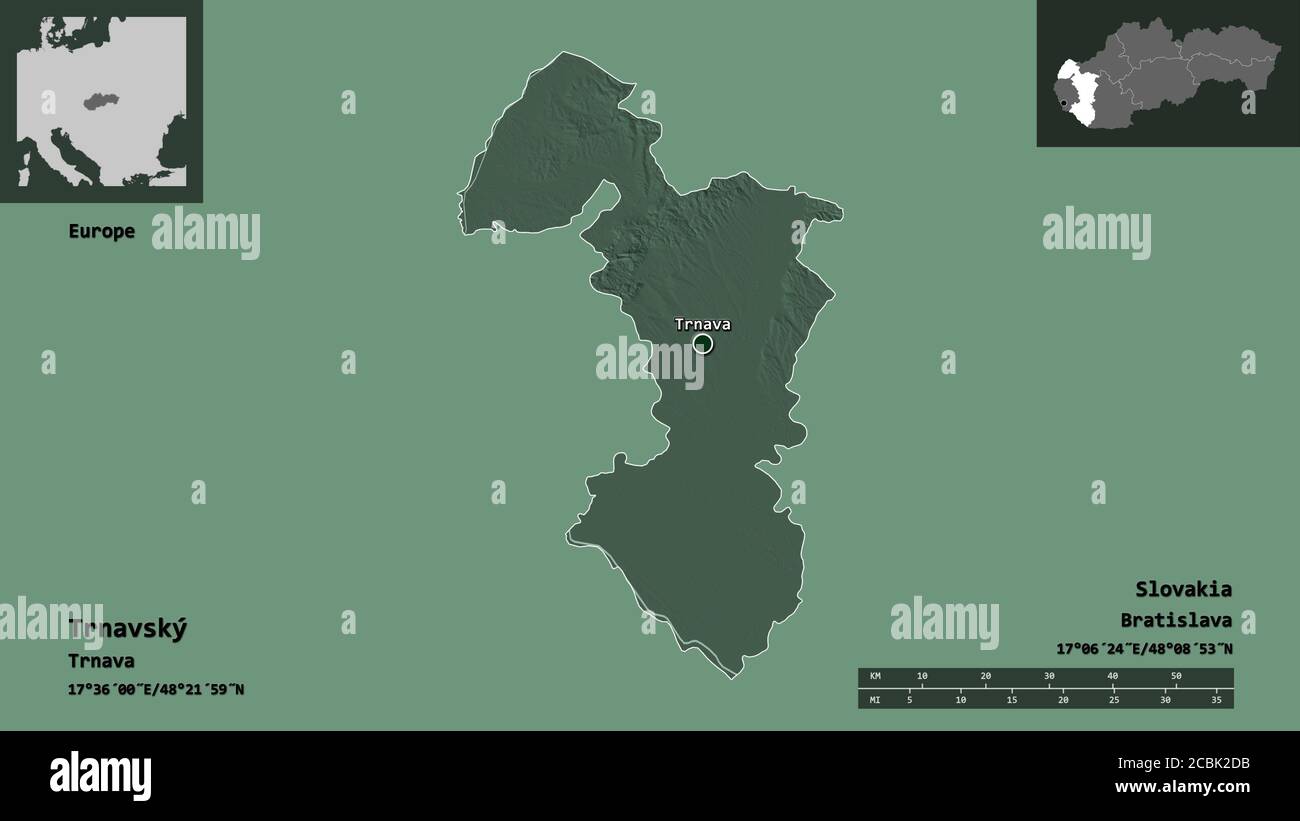 Shape of Trnavský, region of Slovakia, and its capital. Distance scale ...