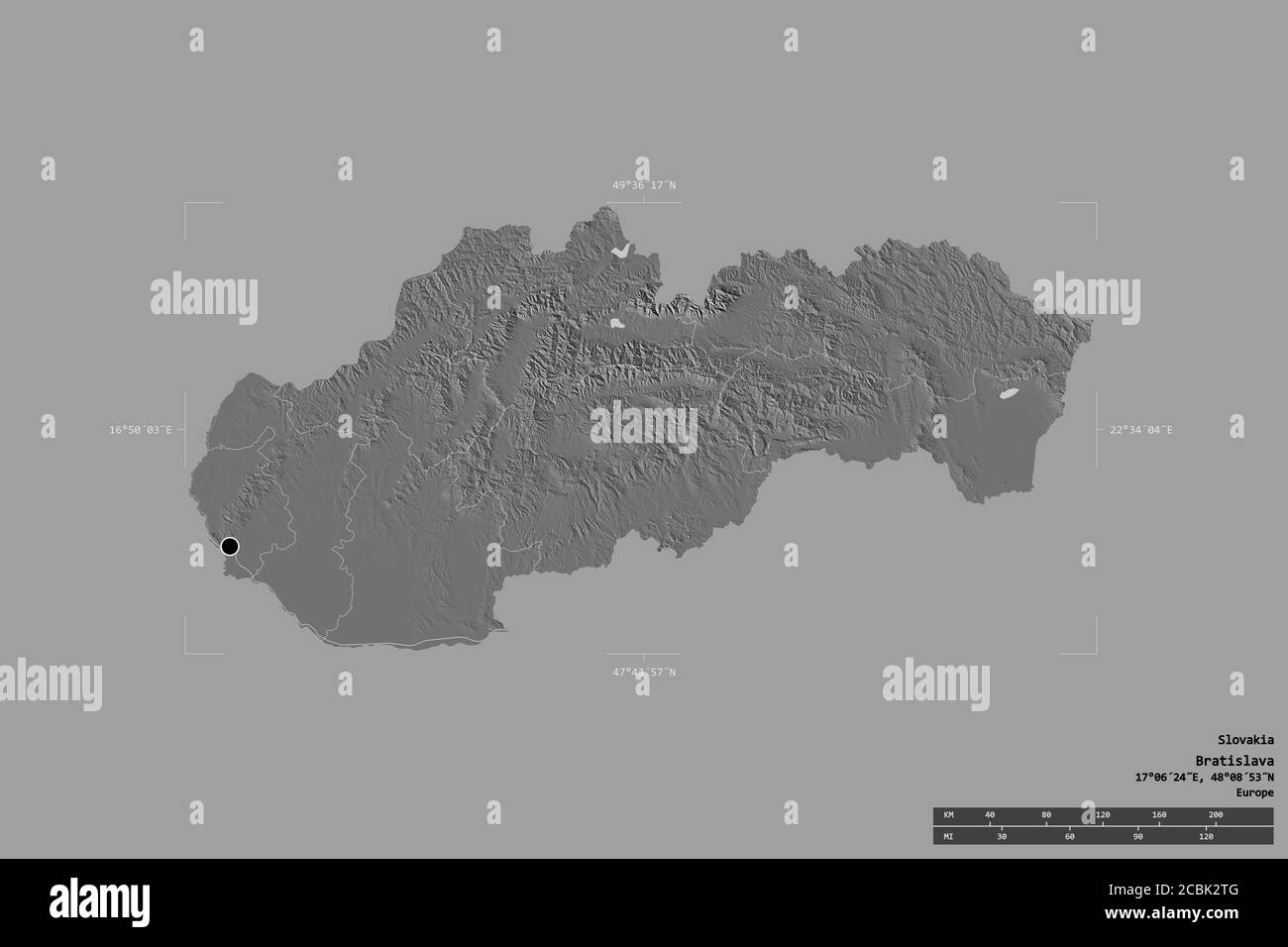 Area of Slovakia isolated on a solid background in a georeferenced ...