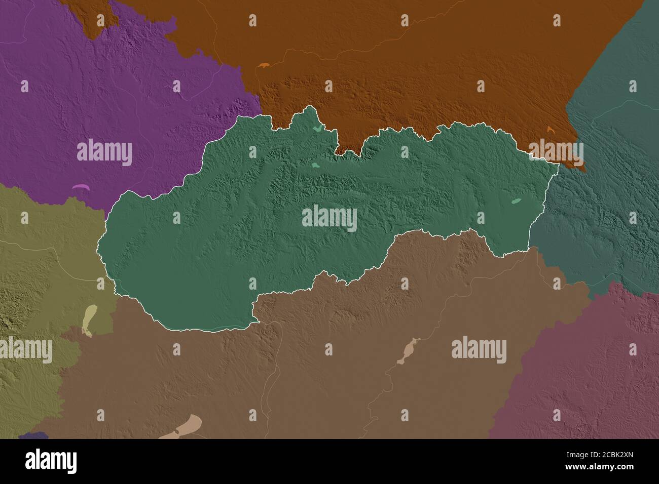 Extended area of outlined Slovakia. Colored elevation map. 3D rendering ...
