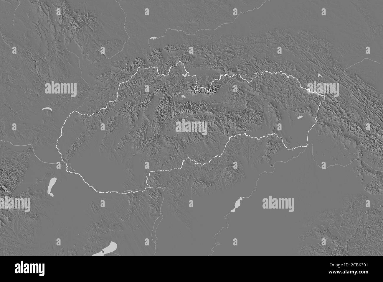 Extended area of outlined Slovakia. Bilevel elevation map. 3D rendering ...