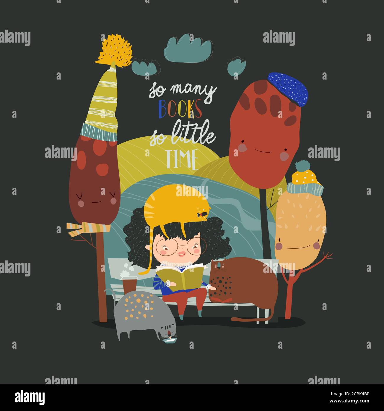 Cute cartoon girl reading book in autumn park Stock Vector Image & Art ...