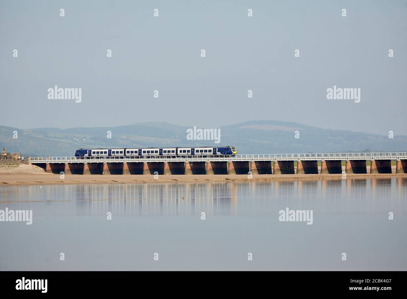 Arnside village Cumbria coastal beach Morecambe Bay, River Kent crossed ...