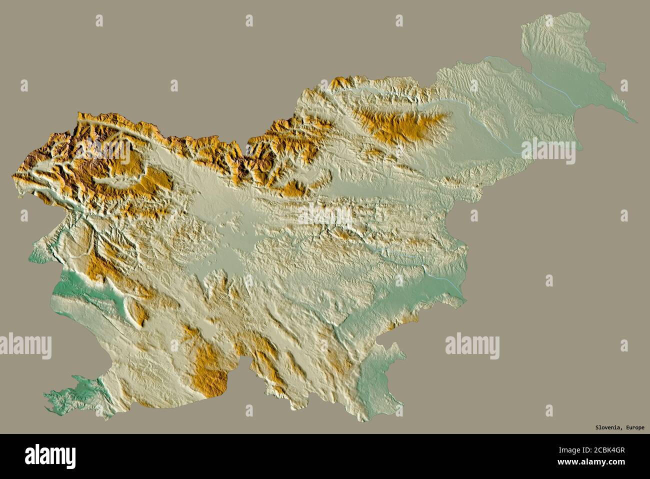 Shape of Slovenia with its capital isolated on a solid color background ...