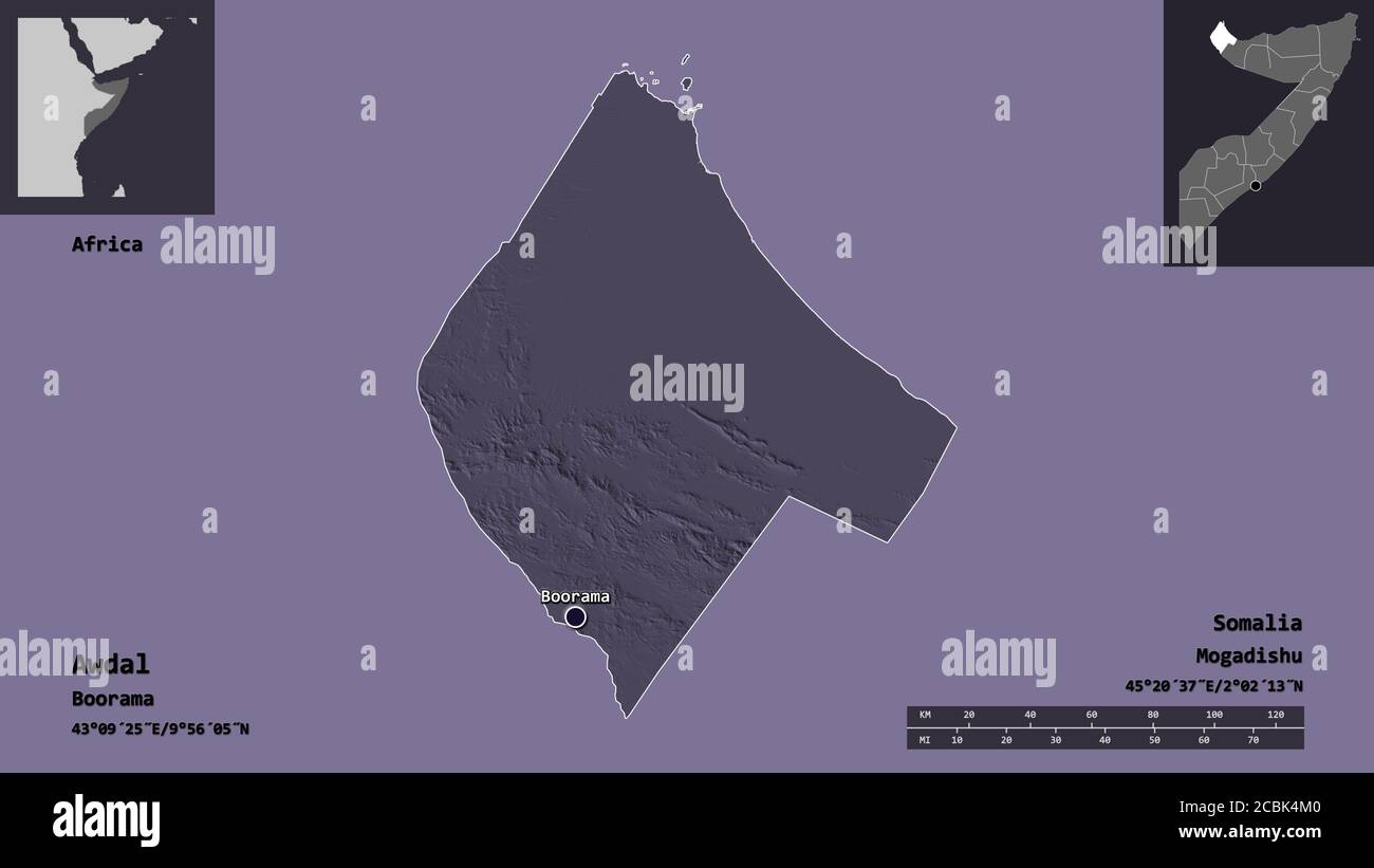 Shape of Awdal, region of Somalia, and its capital. Distance scale ...