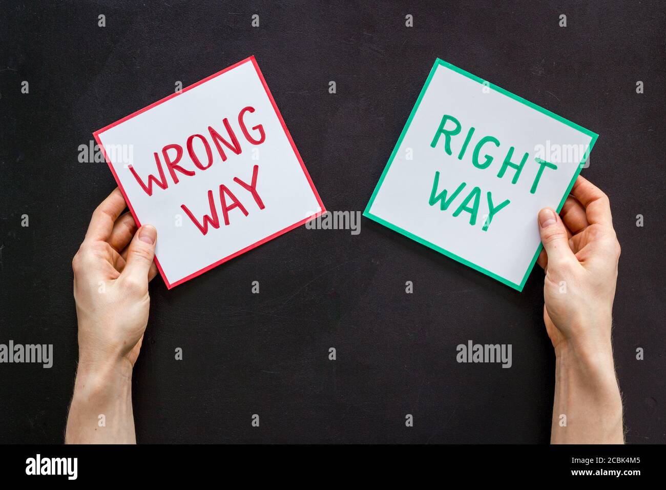 Choice concept. Right and wrong way icons, female hands top view Stock ...
