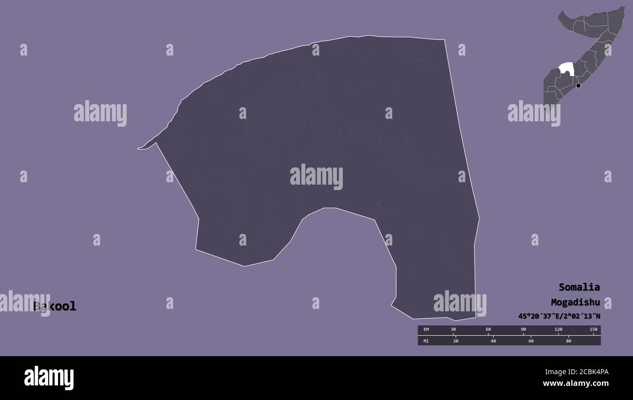 Shape of Bakool, region of Somalia, with its capital isolated on solid ...
