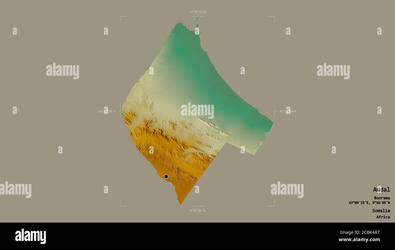 Area of Awdal, region of Somalia, isolated on a solid background in a ...