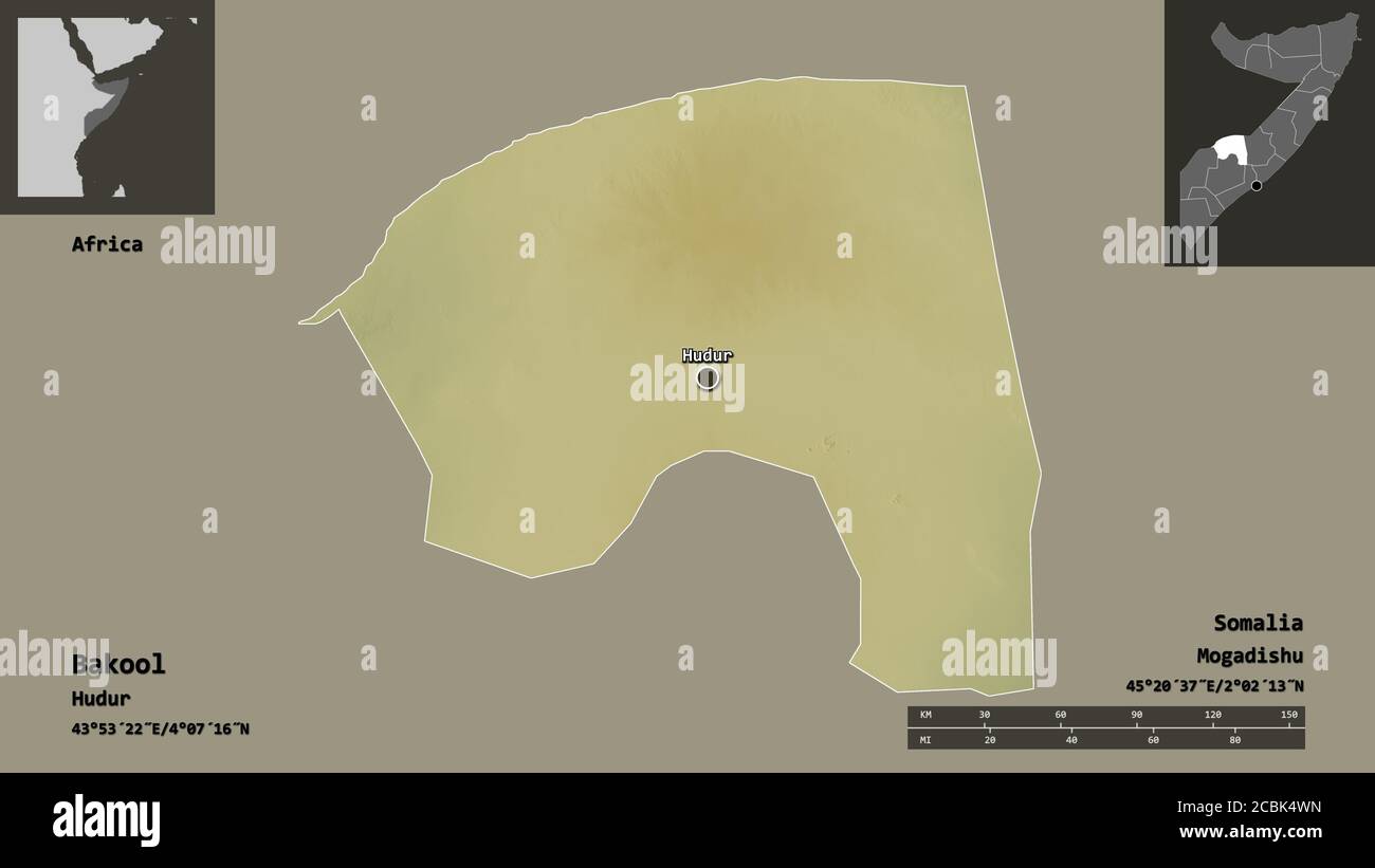 Shape of Bakool, region of Somalia, and its capital. Distance scale ...