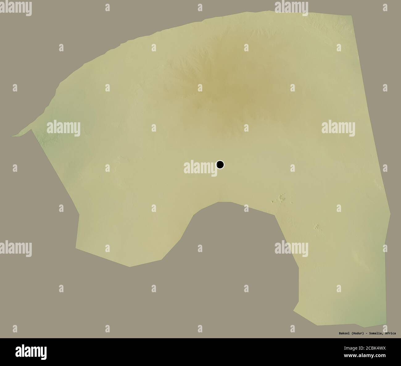 Shape of Bakool, region of Somalia, with its capital isolated on a ...