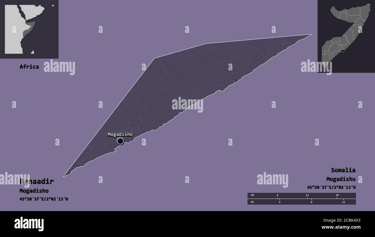Shape of Banaadir, region of Somalia, and its capital. Distance scale ...