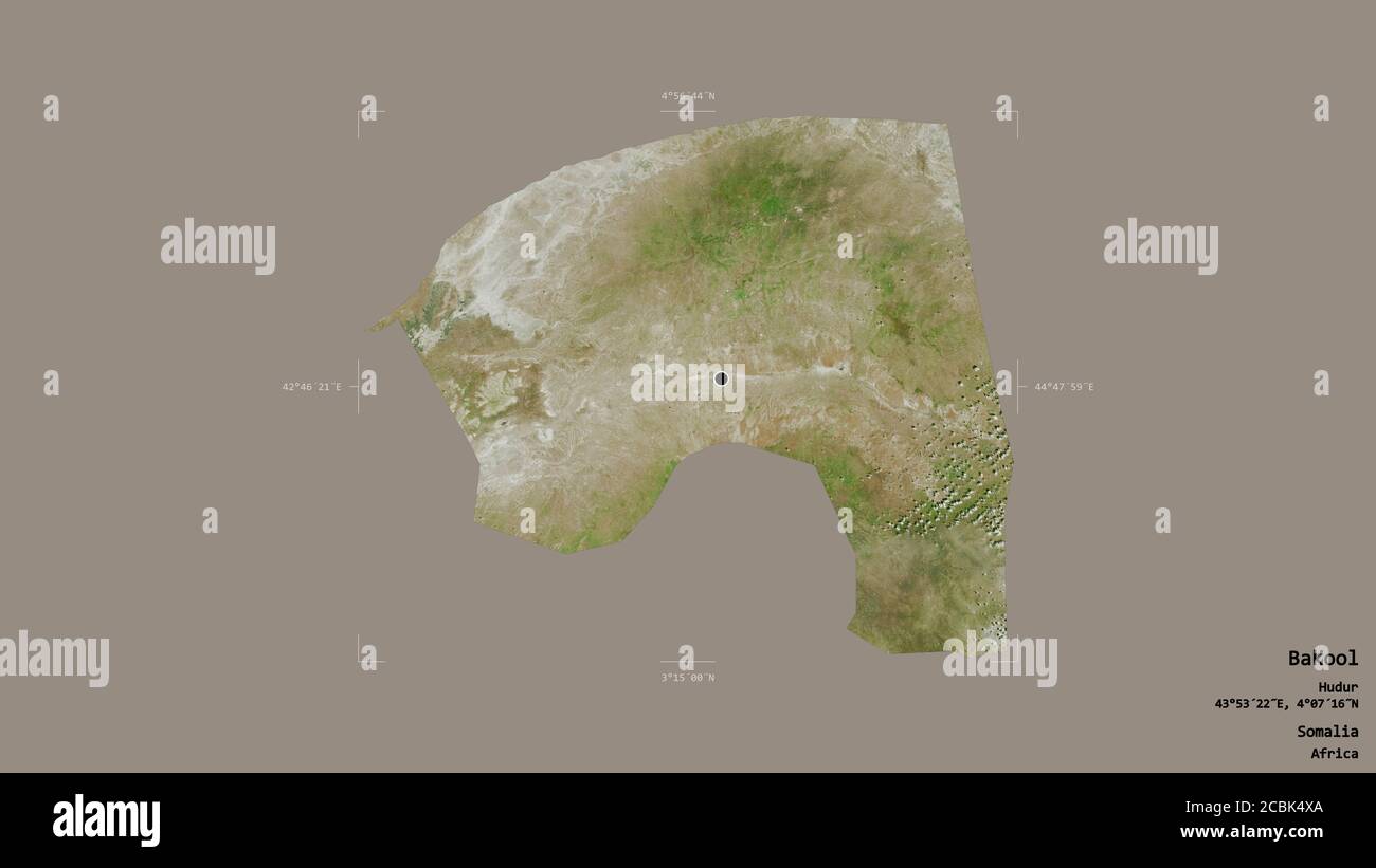 Area of Bakool, region of Somalia, isolated on a solid background in a ...