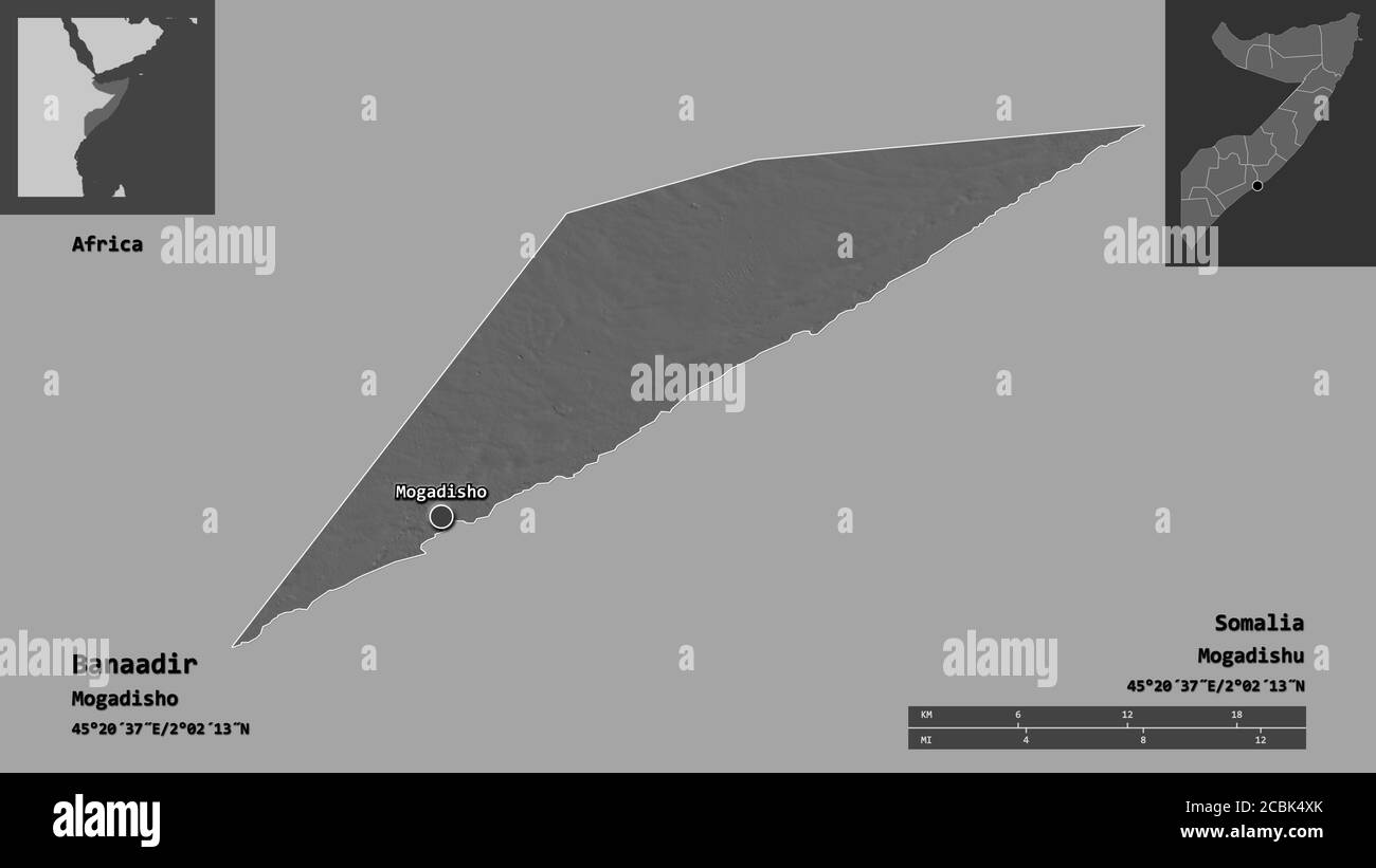 Shape of Banaadir, region of Somalia, and its capital. Distance scale ...