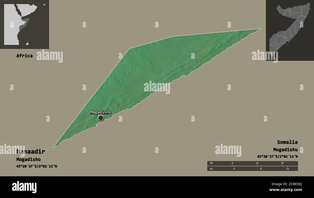Shape of Banaadir, region of Somalia, and its capital. Distance scale ...