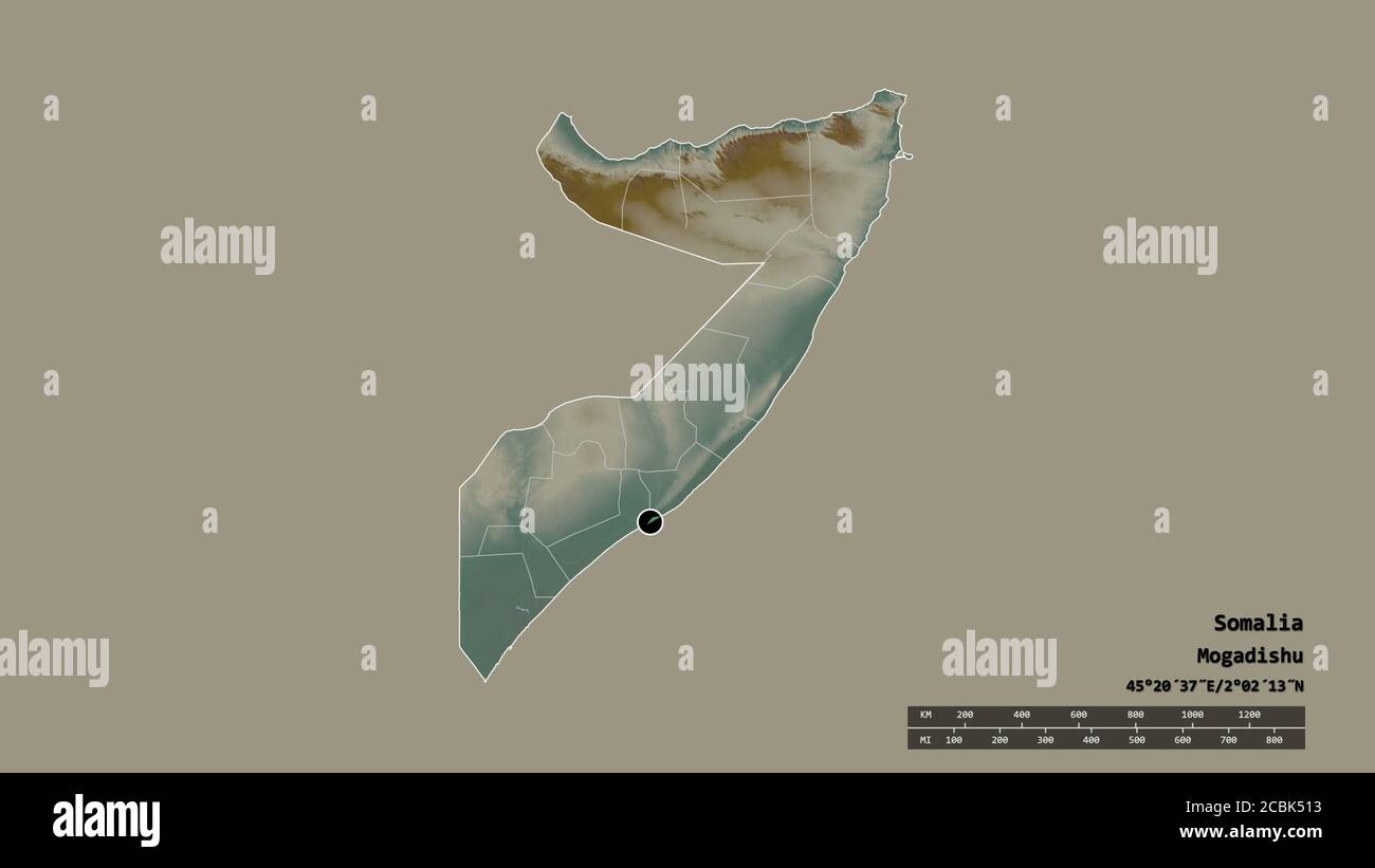 Desaturated shape of Somalia with its capital, main regional division ...