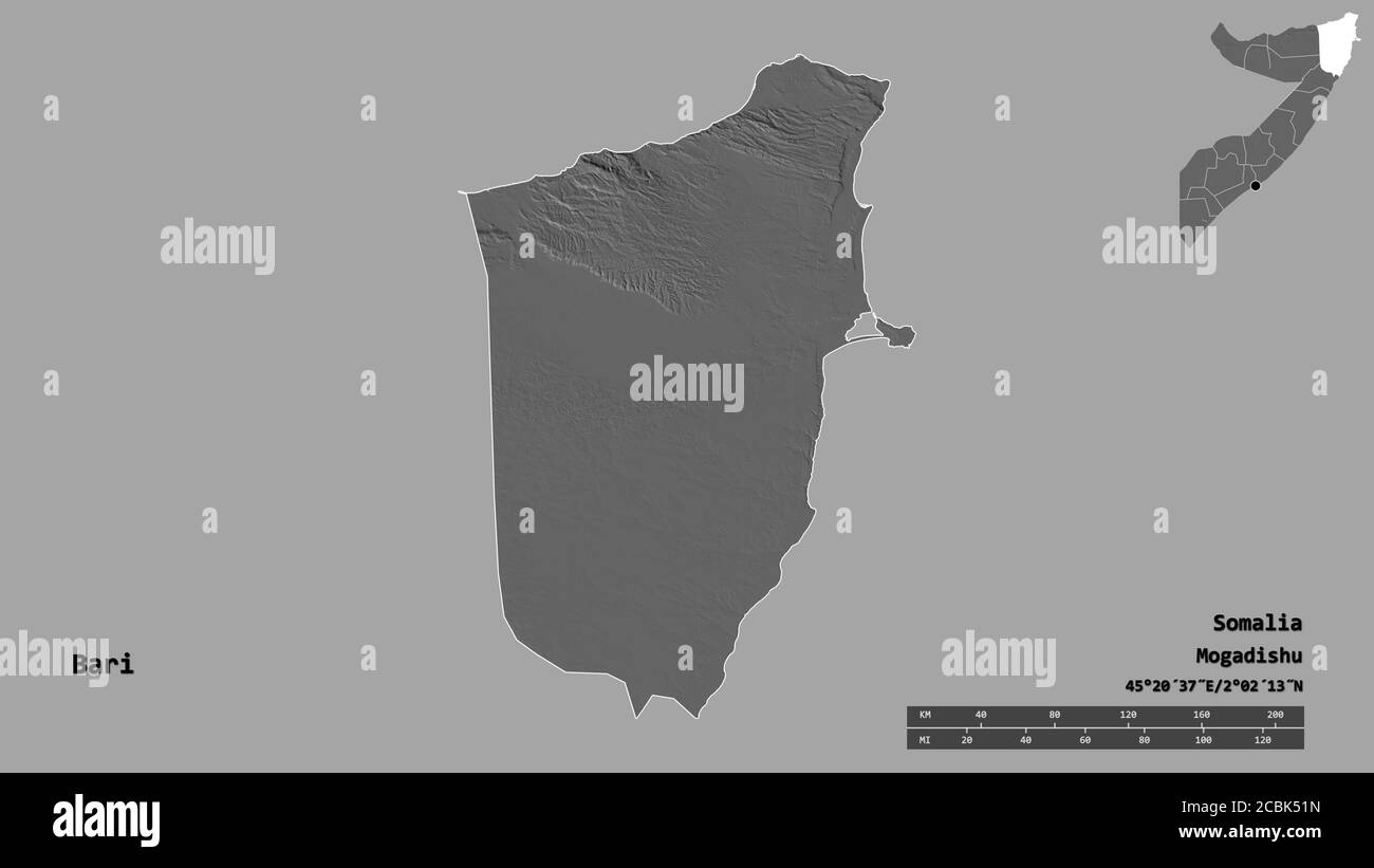 Shape of Bari, region of Somalia, with its capital isolated on solid ...