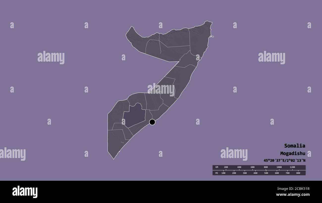 Desaturated shape of Somalia with its capital, main regional division ...